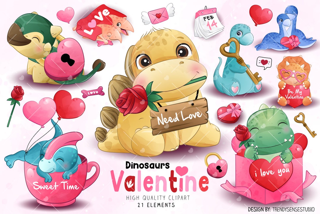 Doodle Dinosaurs Valentine Digital Clipart With Watercolor Illustration ...