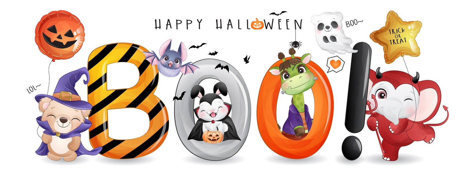 Cute Animals for Halloween Clipart With Watercolor - Etsy