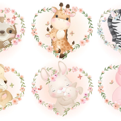 Cute Animals With Floral Wreath for Mother's Day Clipart - Etsy