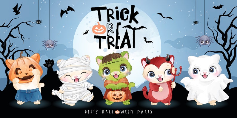 Cute Kitty for Halloween Clipart With Watercolor Illustration | Etsy