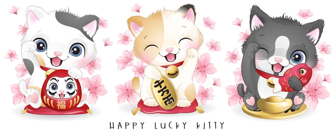 Cute Japanese Lucky Cat Clipart Set With Watercolor Illustration - Etsy