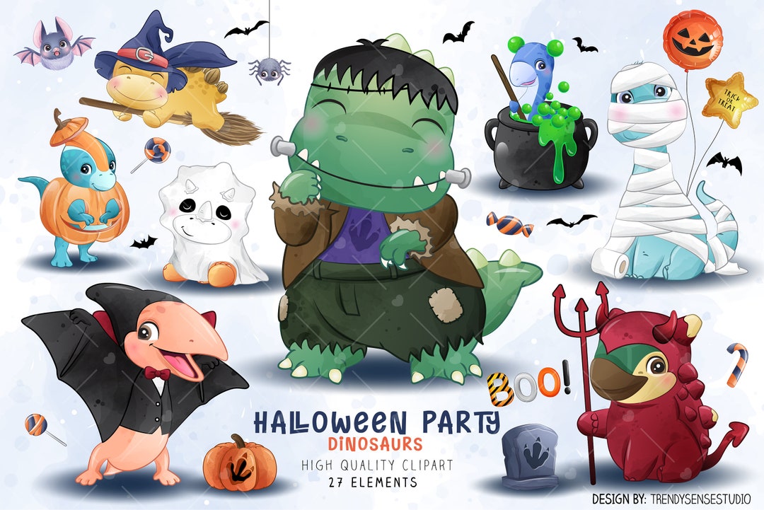 Doodle Dinosaurs Halloween Digital Clipart With Watercolor Illustration ...