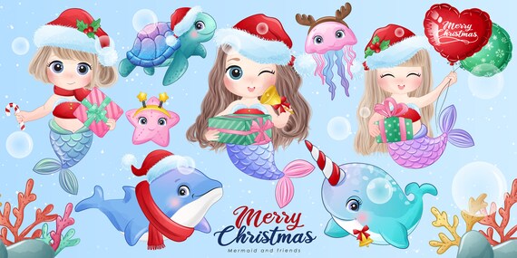 Cute Mermaid and Friends for Merry Christmas Digital Clipart - Etsy
