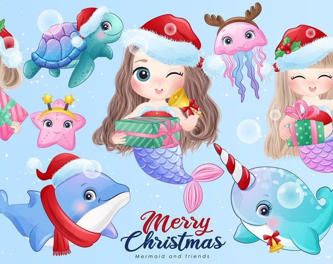 Cute Mermaid and Friends for Merry Christmas Digital Clipart - Etsy