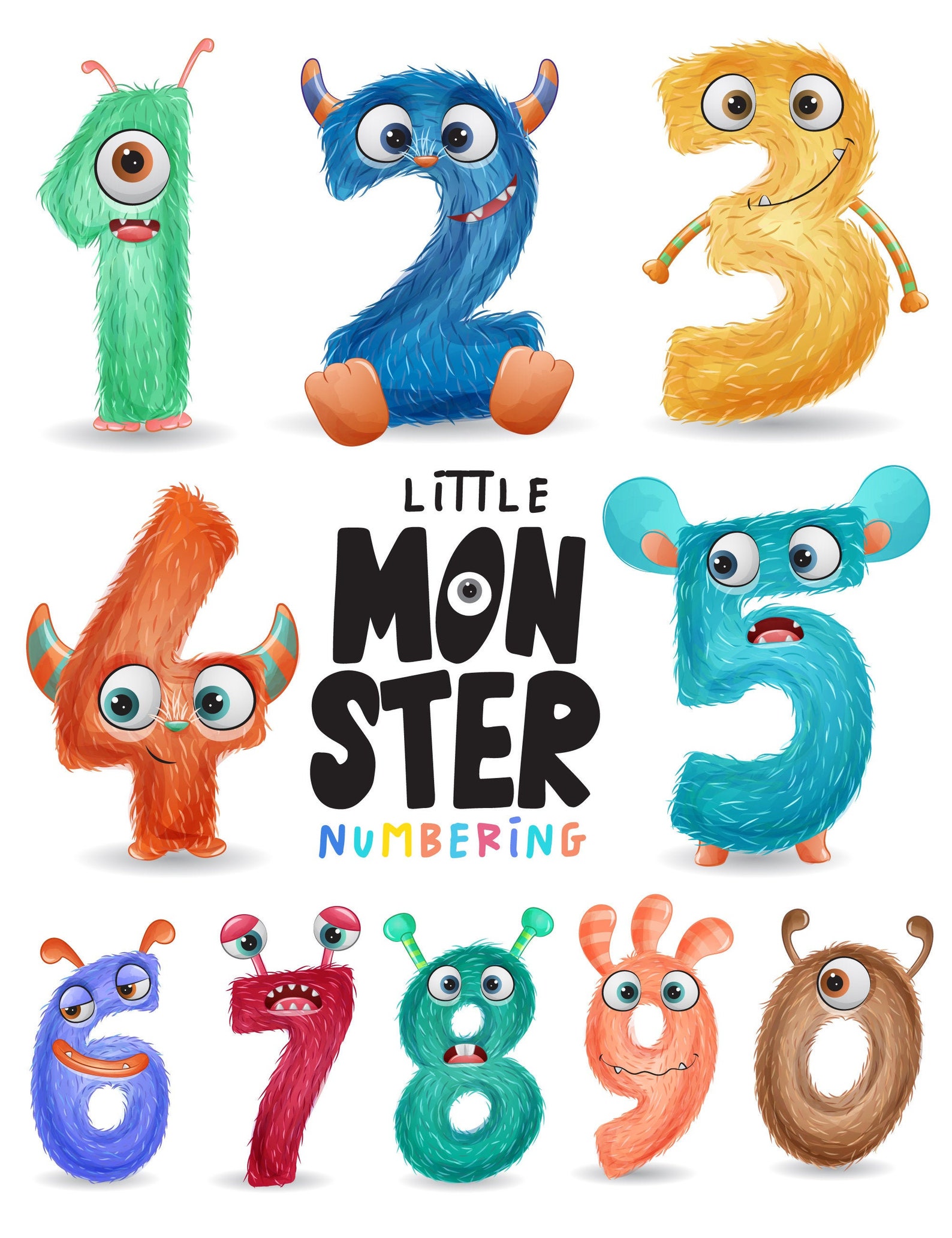 Cute Little Monster Numbering Clipart With Watercolor | Etsy