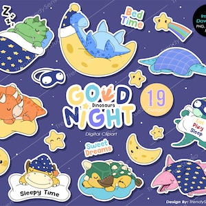 Doodle Dinosaurs Good Night Collection Digital Clipart Bundle, Sticker ...