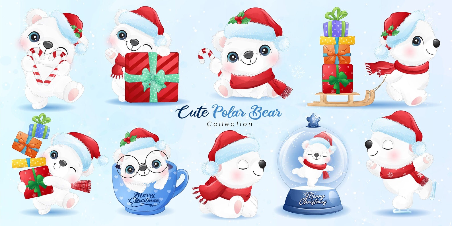 Cute Polar Bear for Merry Christmas Clipart With Watercolor - Etsy