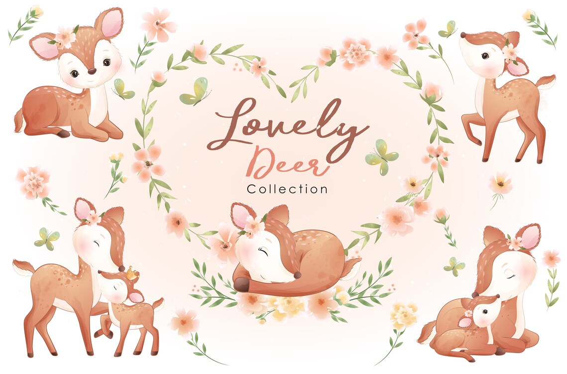 Cute Little Deer With Floral Clipart With Watercolor | Etsy