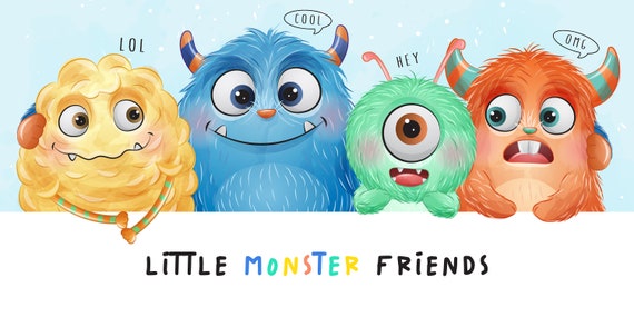 Cute Monster Friends Clipart With Watercolor Illustration | Etsy