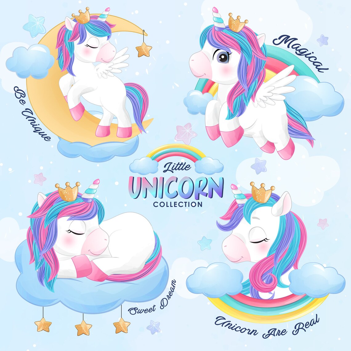 Cute Unicorn Poses Clipart With Watercolor Illustration - Etsy