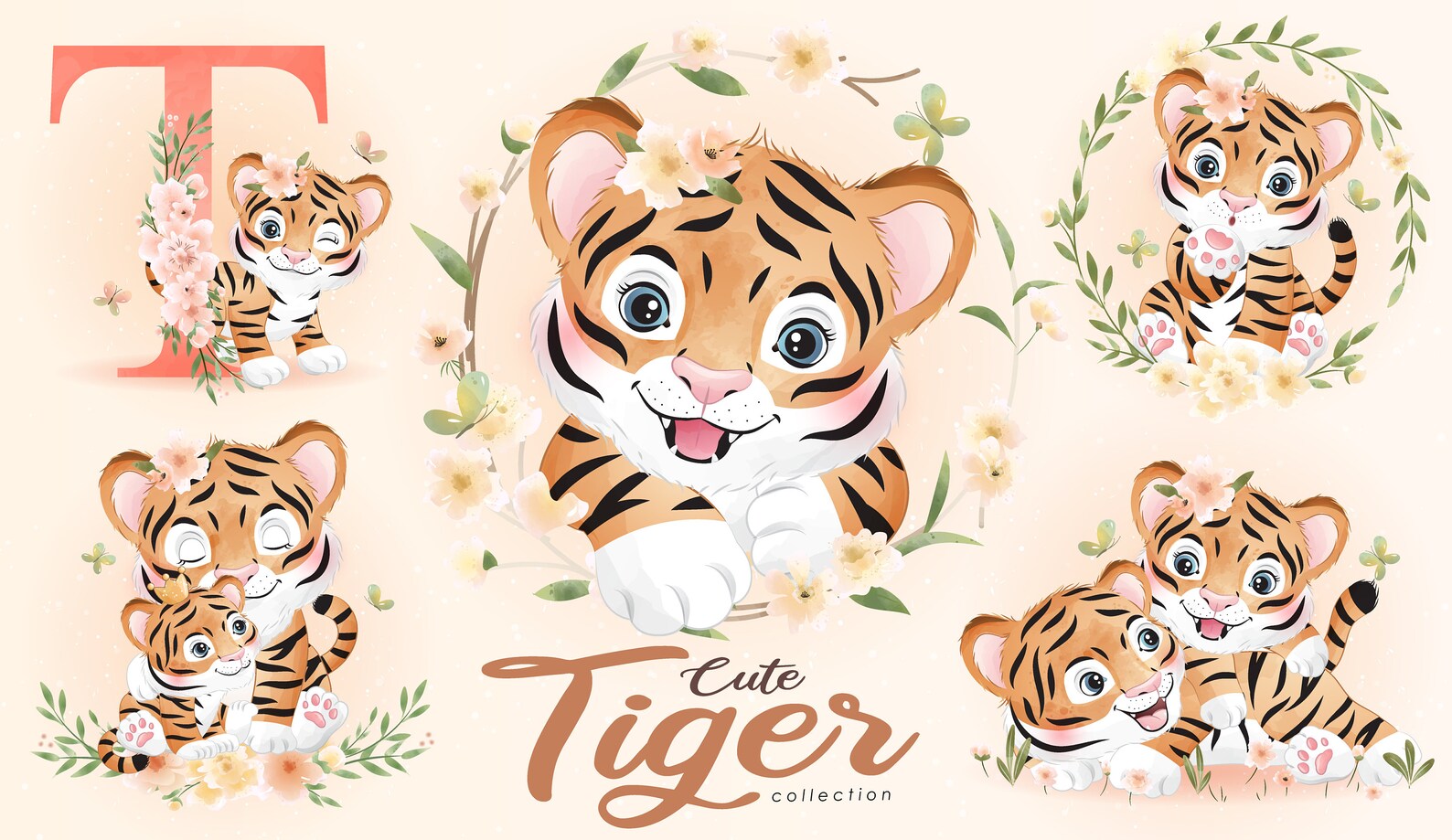 Cute Doodle Tiger Clipart Set With Watercolor Illustration | Etsy