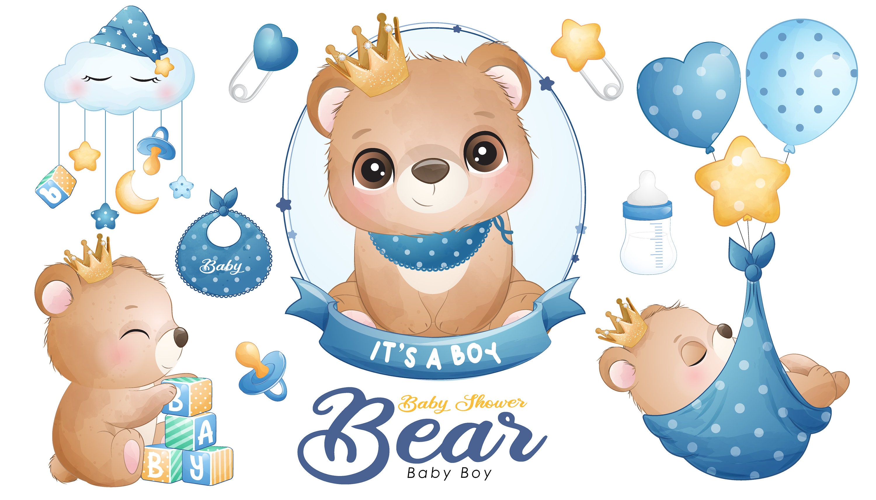 Cute Doodle Bear Baby Shower Digital Clipart Collection | Etsy