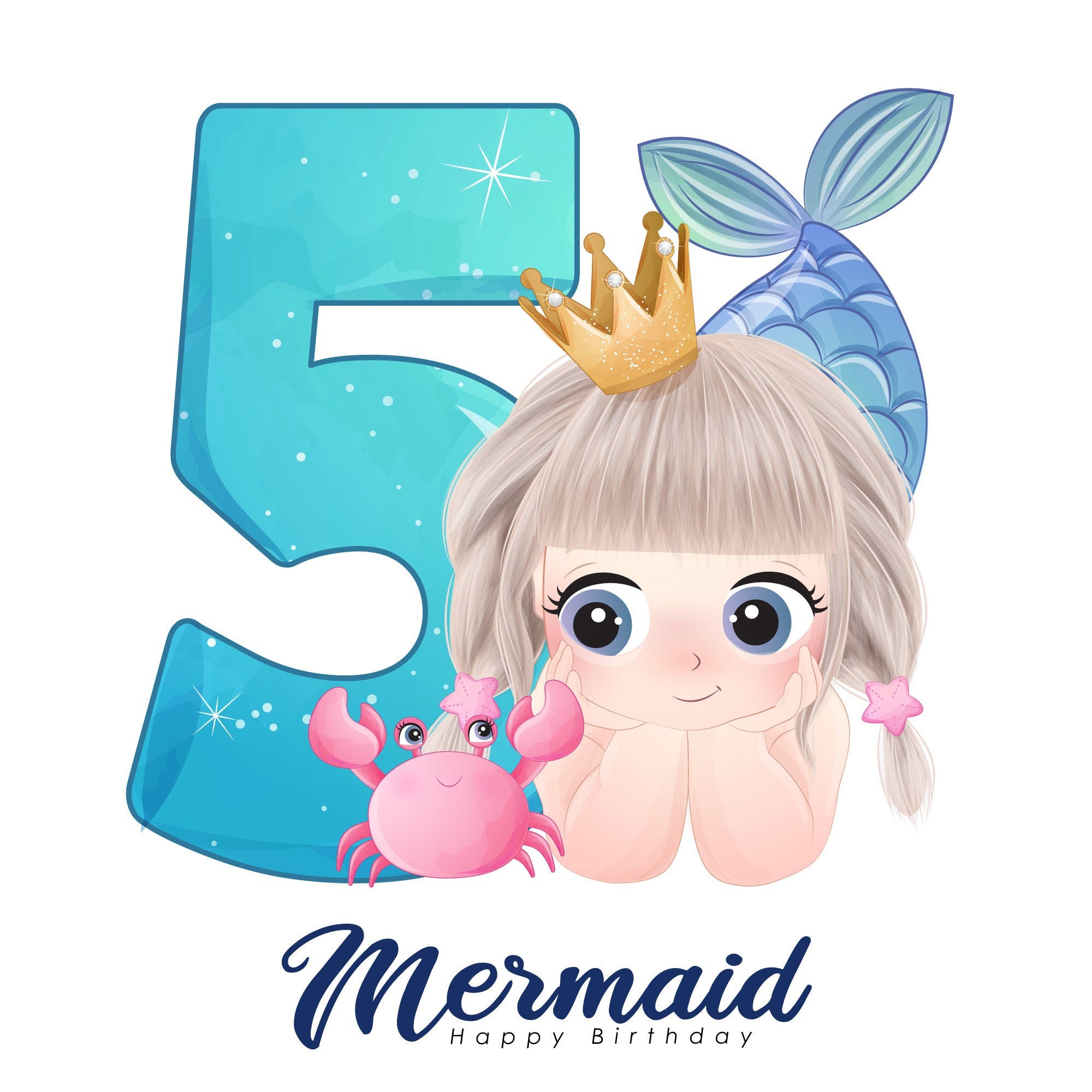 Cute mermaid with number 5 digital clipart | Etsy