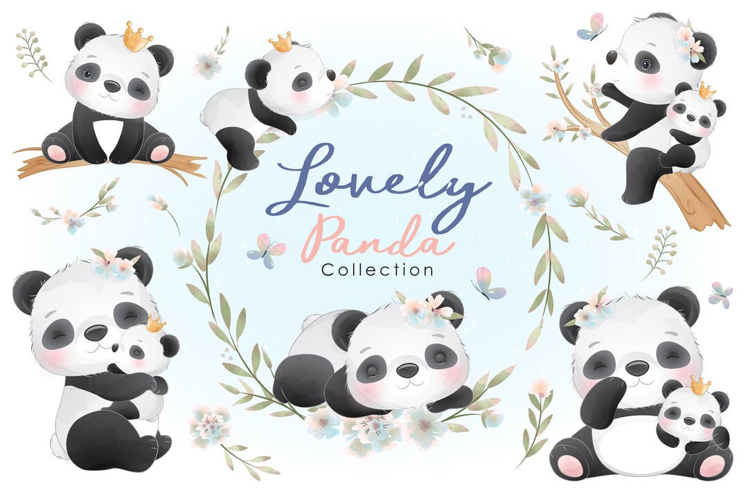 Cute Little Panda With Floral Clipart With Watercolor Illustration - Etsy