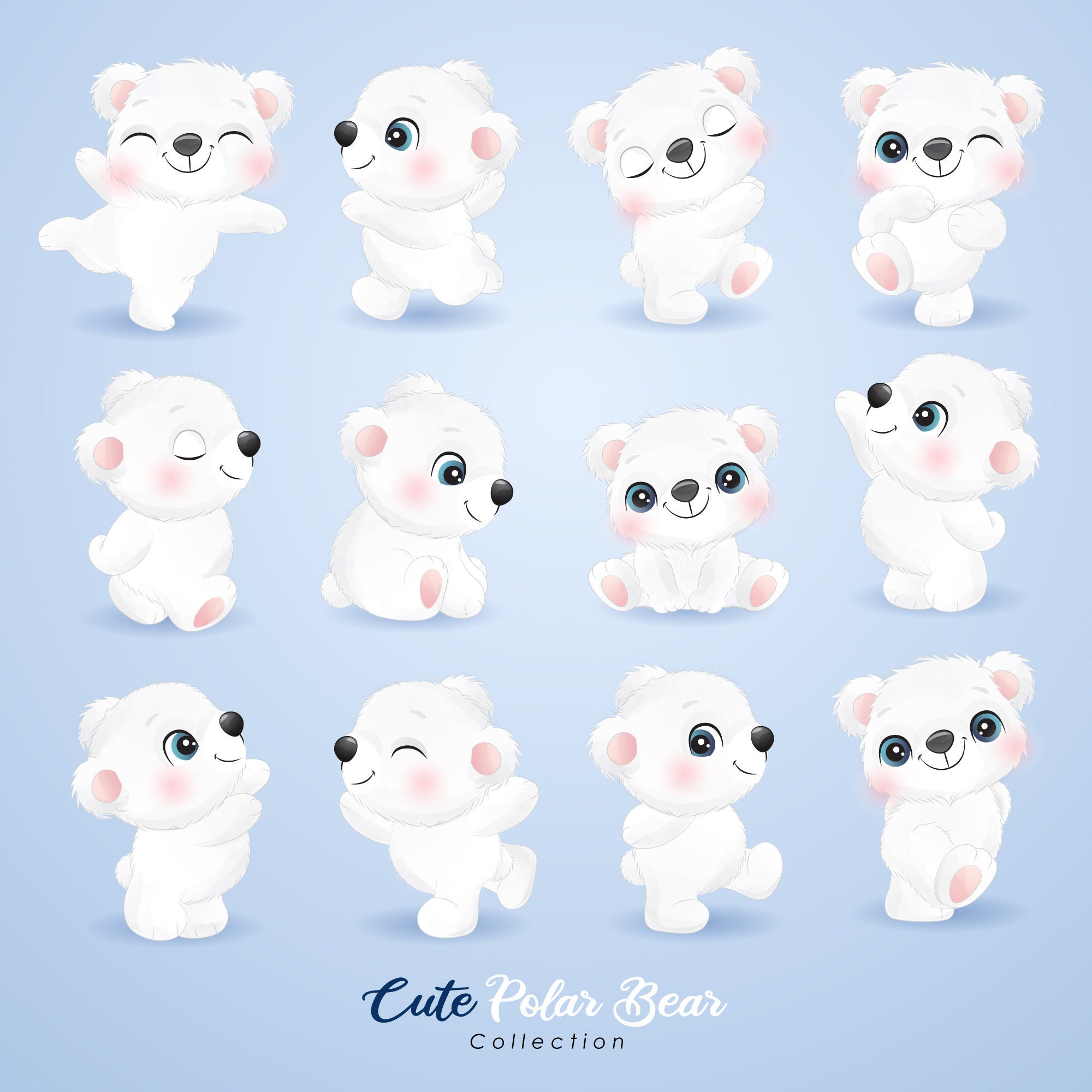 Cute Polar Bear Poses Clipart With Watercolor Illustration - Etsy