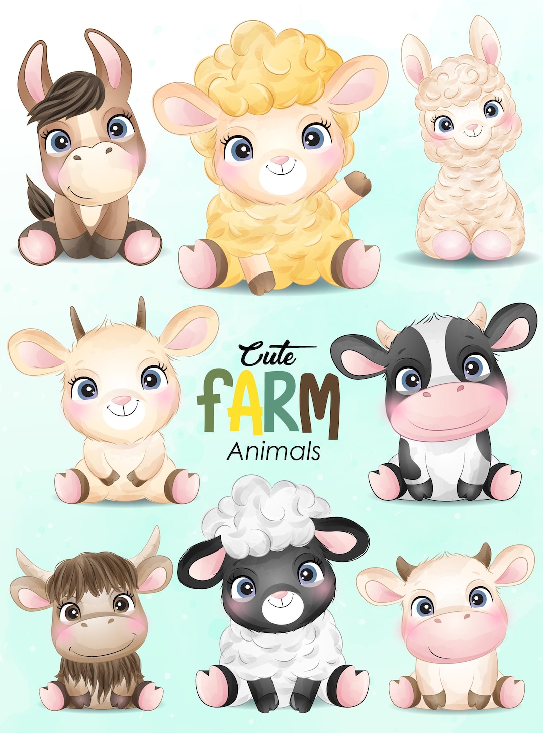 Cute Farm Animals Clipart With Watercolor Illustration - Etsy