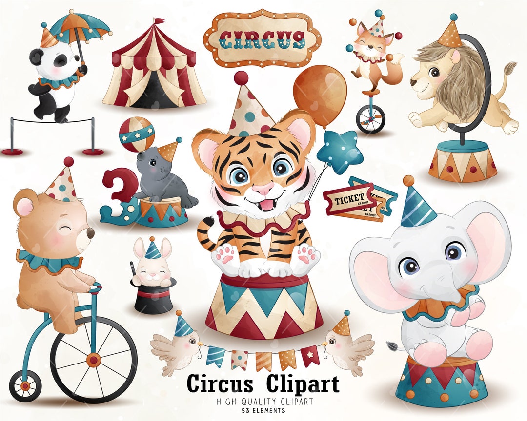 Doodle Circus Birthday Party With Numbering Digital Clipart Watercolor ...