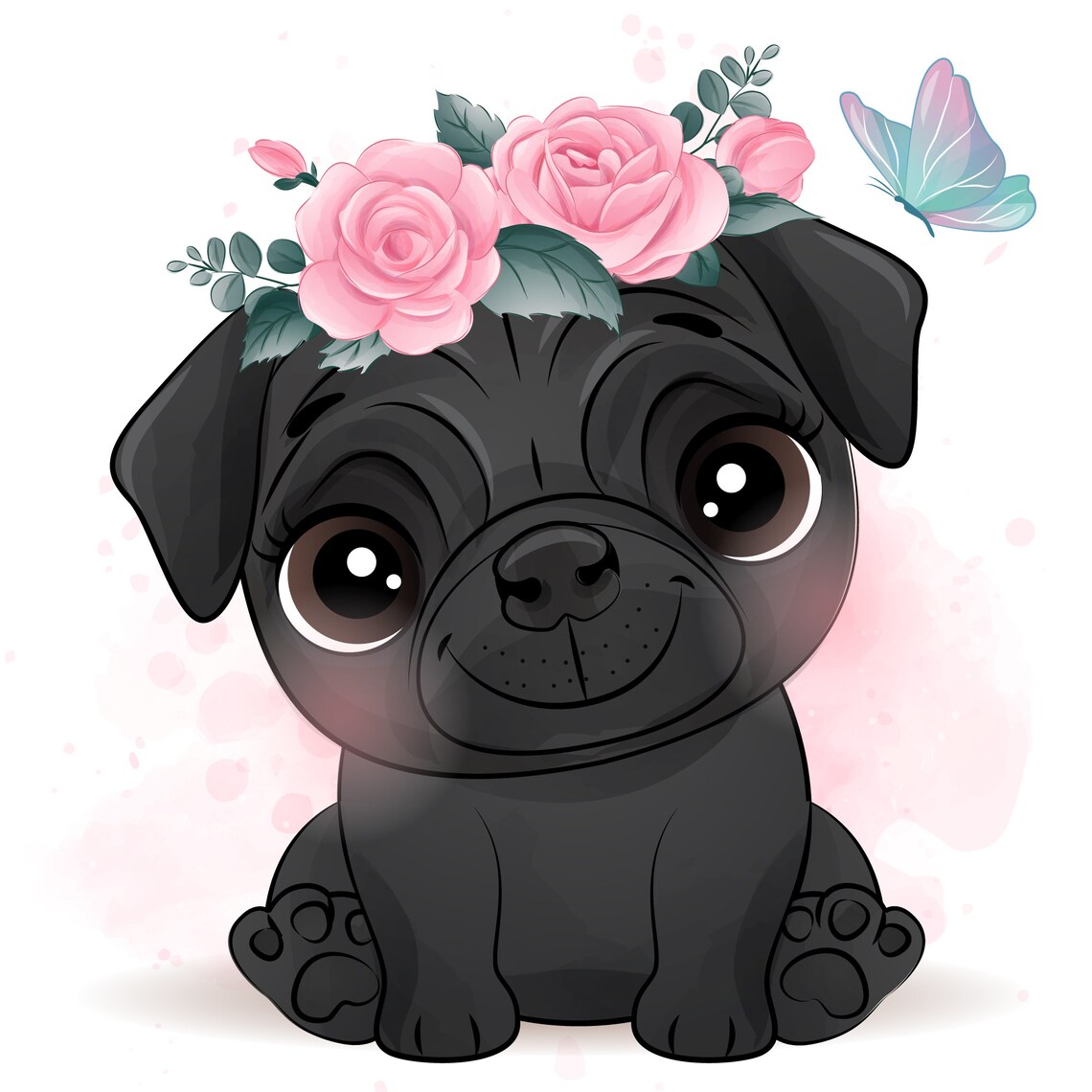 Cute Black Pug Digital Clipart With Watercolor Illustration - Etsy