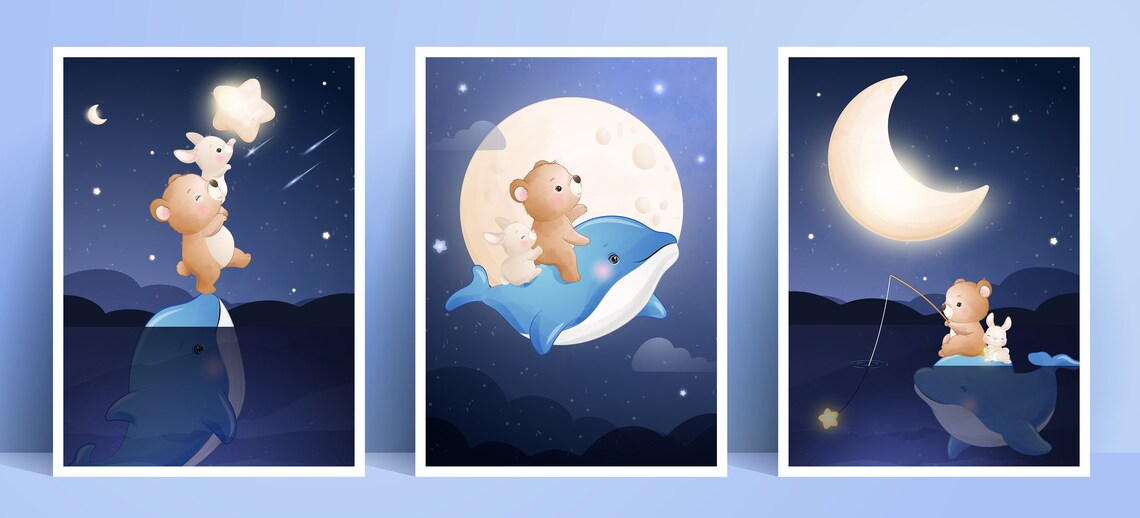 Kids Prints Bear for Kids Poster Set. Digital Watercolor - Etsy