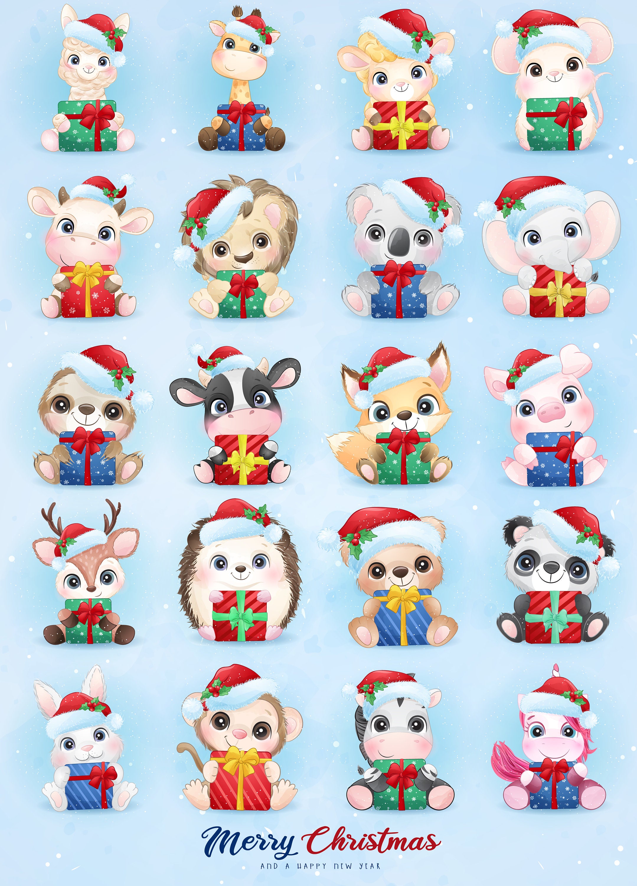 Cute Animals for Merry Christmas Clipart Set - Etsy