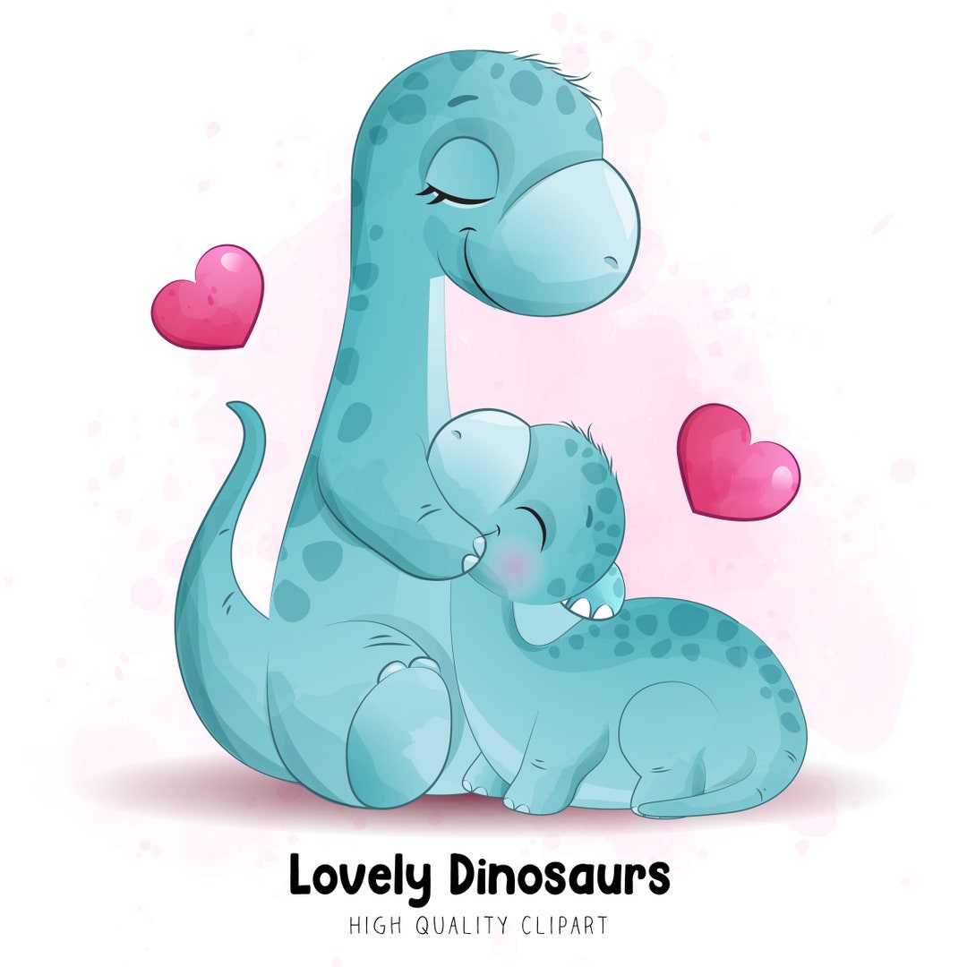 Doodle Dinosaurs Mother and Baby Digital Clipart With Watercolor ...