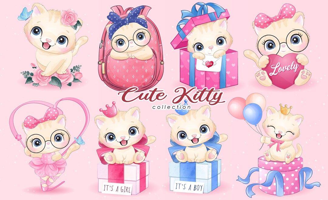 Cute Kitty Clipart Set With Watercolor Illustration - Etsy