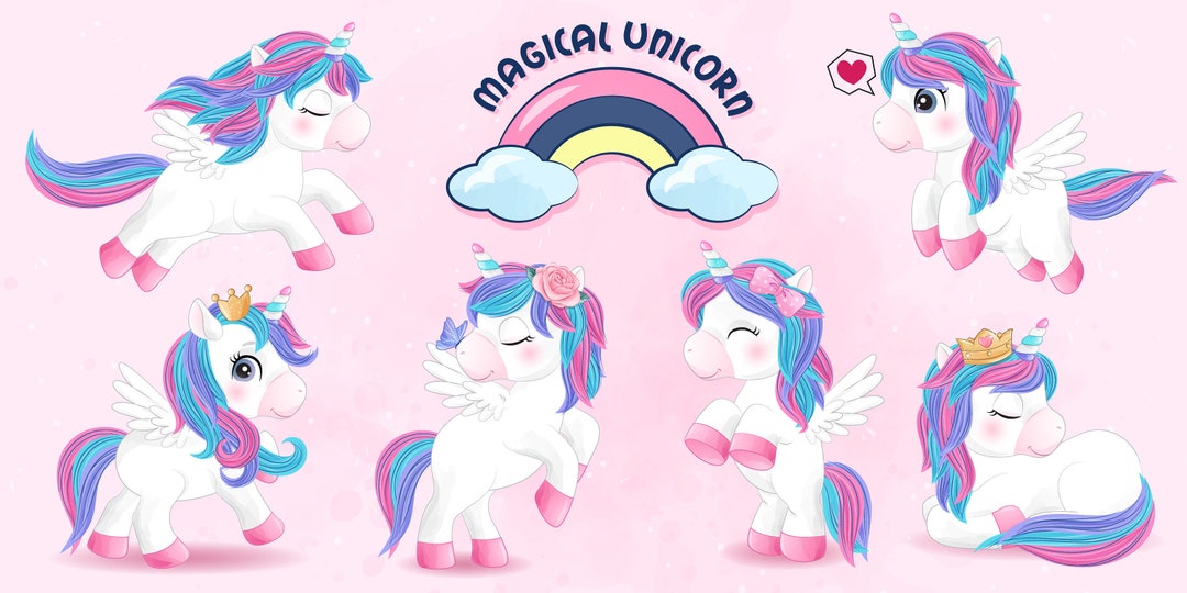 Cute Unicorn Poses Clipart With Watercolor Illustration - Etsy
