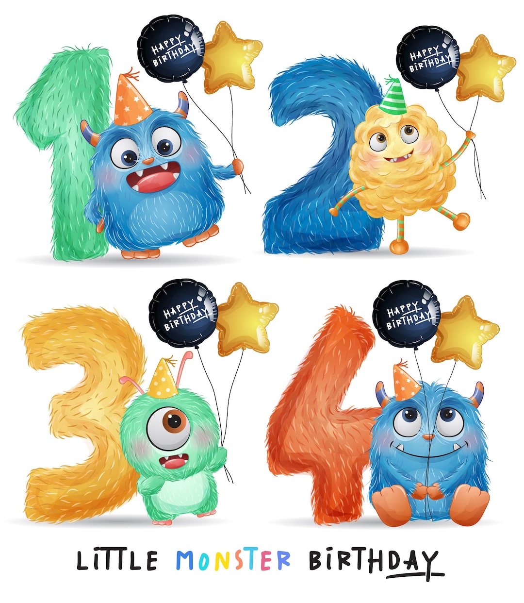 Cute Little Monster Birthday Party Clipart With Watercolor Illustration ...