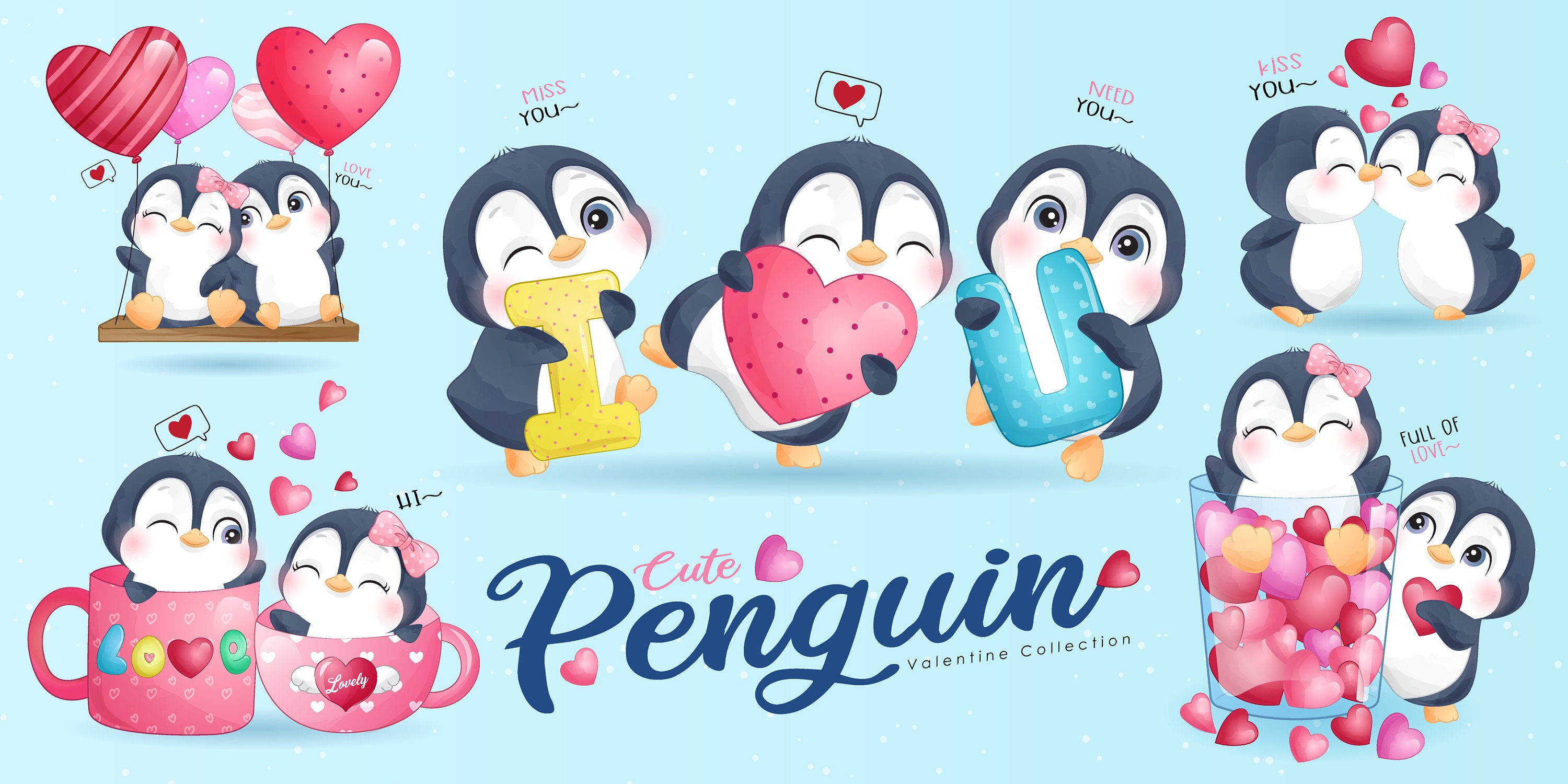 Cute Penguin for Valentines Day Clipart Set. - Etsy