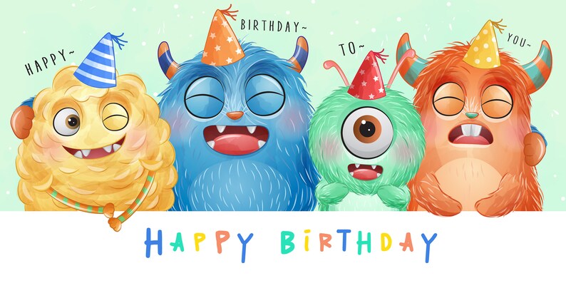 Cute Monster Birthday Party Clipart With Watercolor Illustration - Etsy