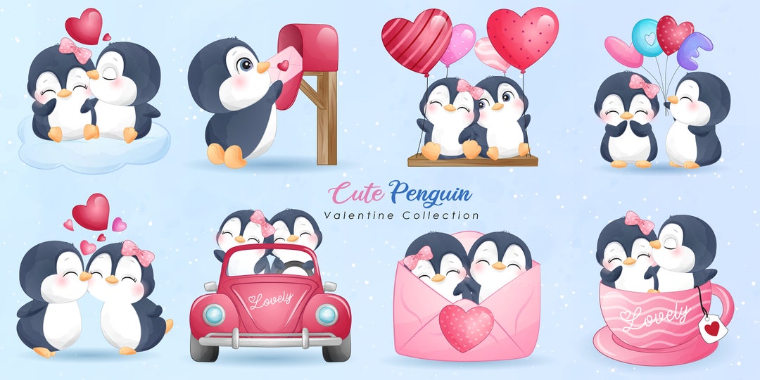 Cute Penguin for Valentine's Day Clipart With Watercolor Illustration ...