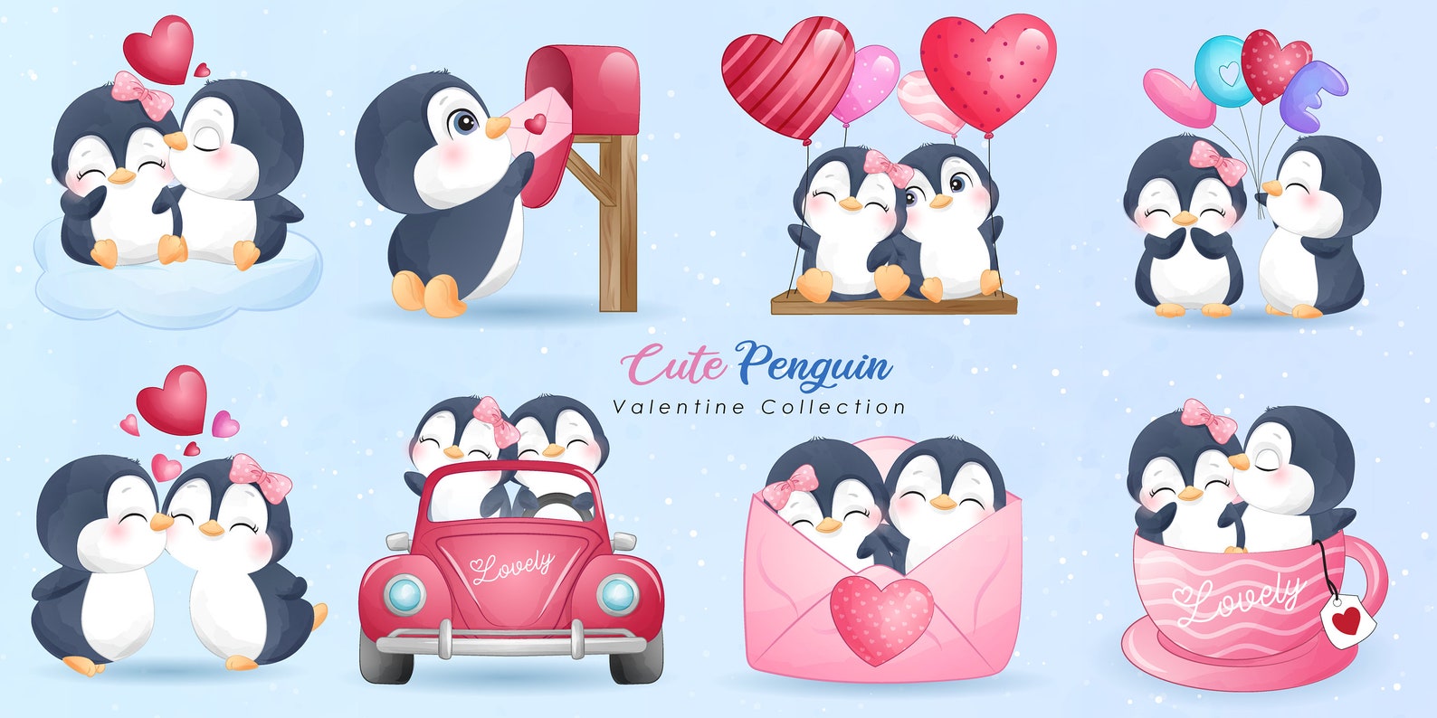 Cute Penguin for Valentine's Day Clipart With Watercolor - Etsy