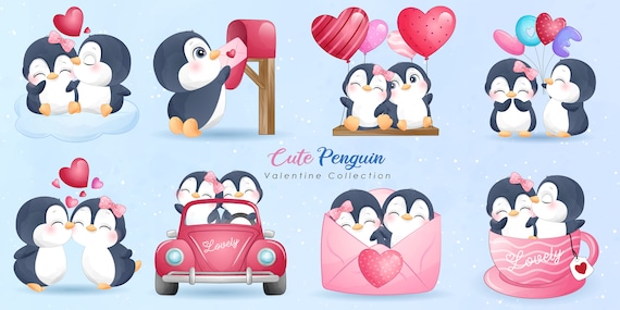 Cute Penguin for Valentine's Day Clipart With Watercolor - Etsy