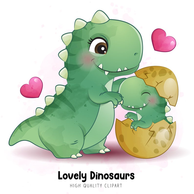 Doodle Dinosaurs Mother and Baby Digital Clipart With Watercolor ...