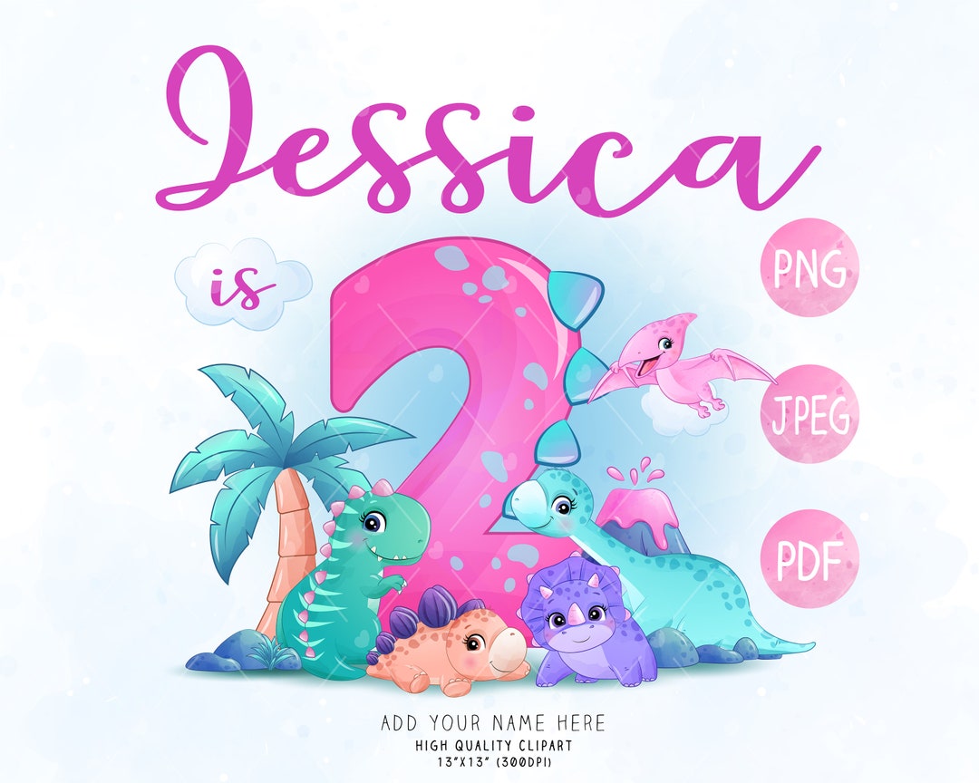 Custom Name With Adorable Dinosaurs Girl Birthday Number 2 Digital ...
