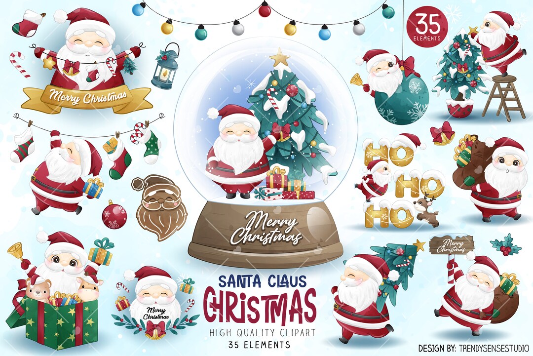 Adorable Santa Claus Christmas Digital Clipart Watercolor Illustration ...