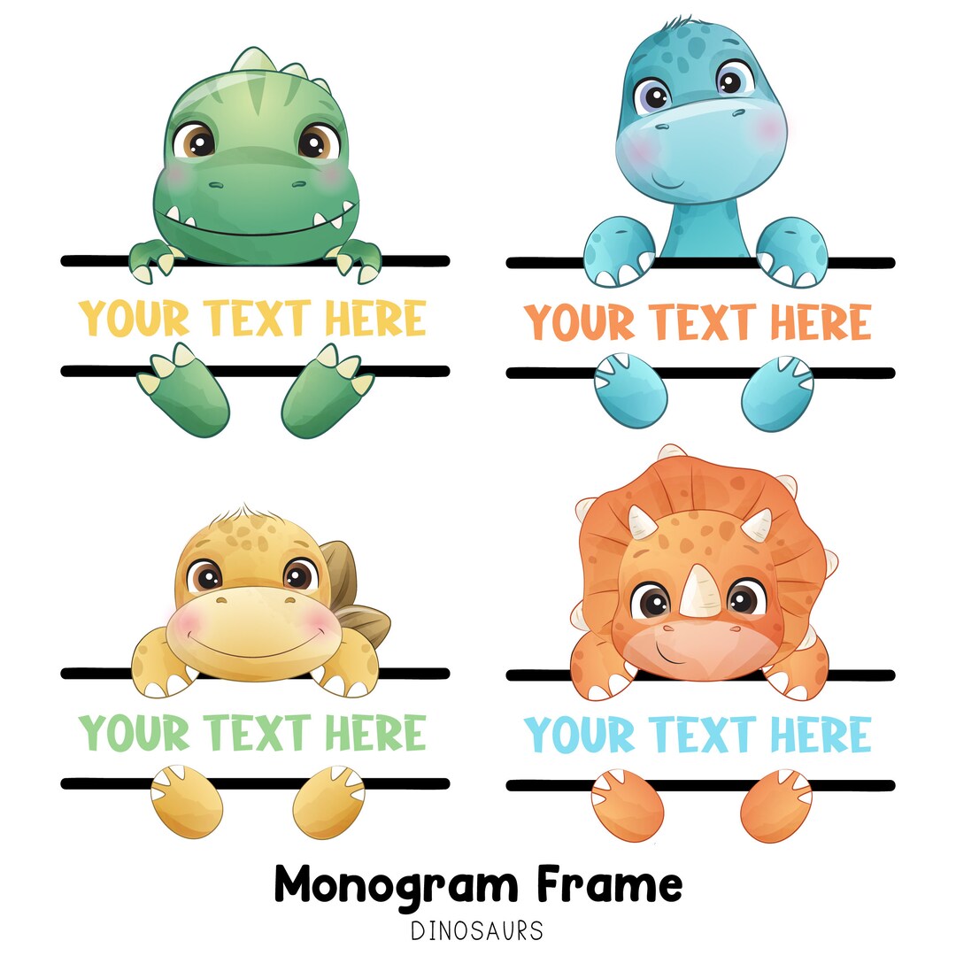 Doodle Dinosaurs Monogram Frame Digital Clipart With Watercolor ...
