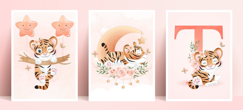 Kids Prints Tiger for Kids Poster Set. Digital Watercolor Effect ...