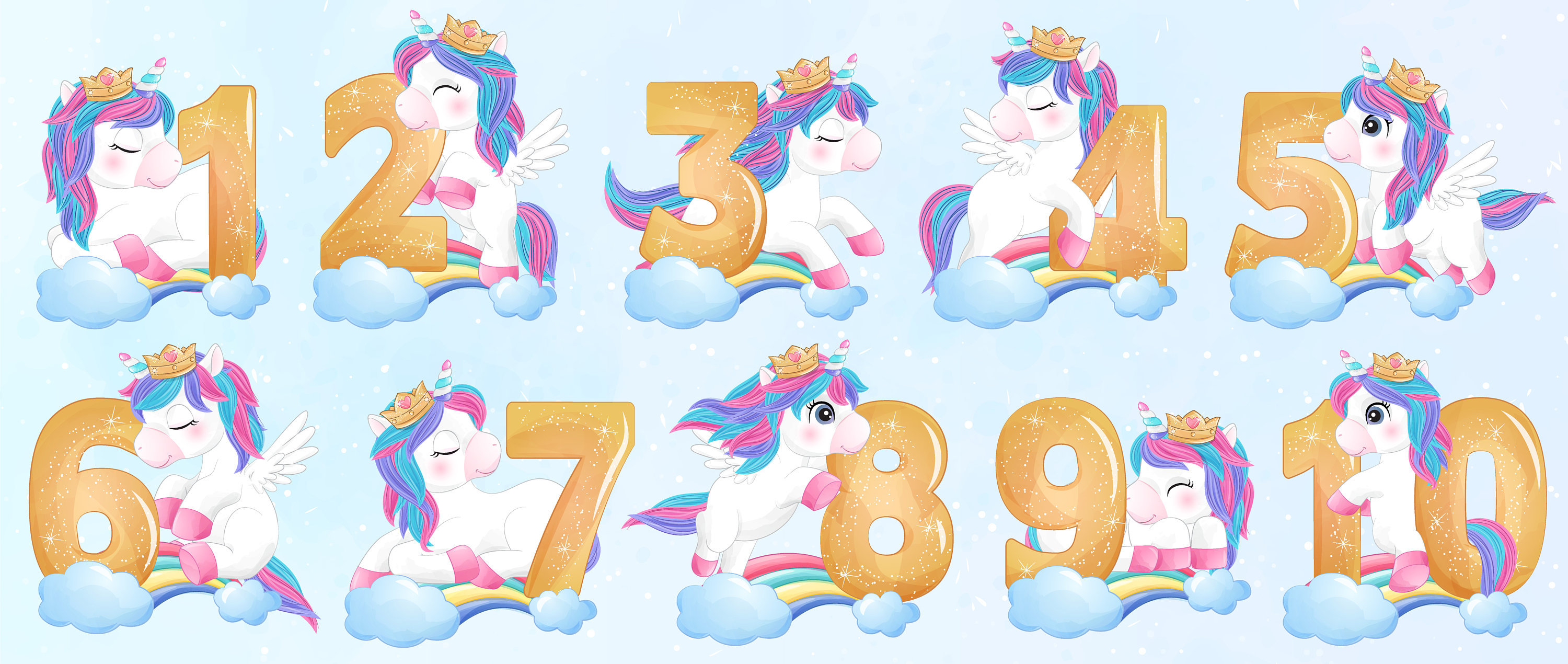 Cute unicorn numbering clipart with watercolor illustration | Etsy