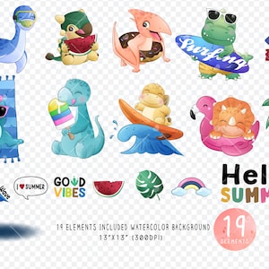 Doodle Dinosaurs Hello Summer Digital Clipart With Watercolor ...