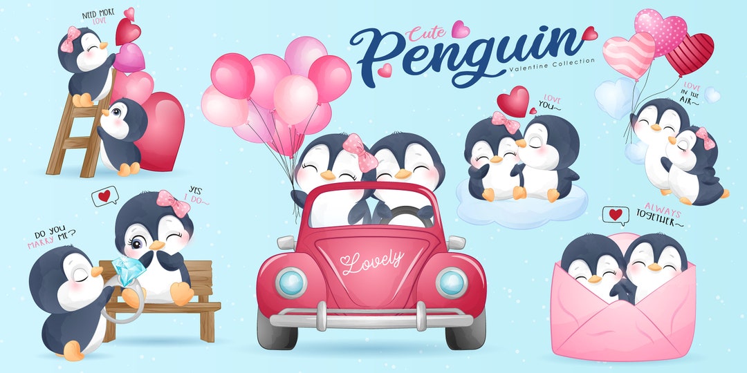 Cute Penguin for Valentines Day Clipart Set. - Etsy