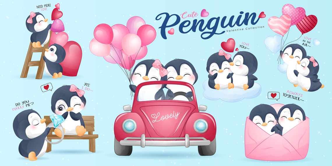 Cute Penguin for Valentines Day Clipart Set. - Etsy