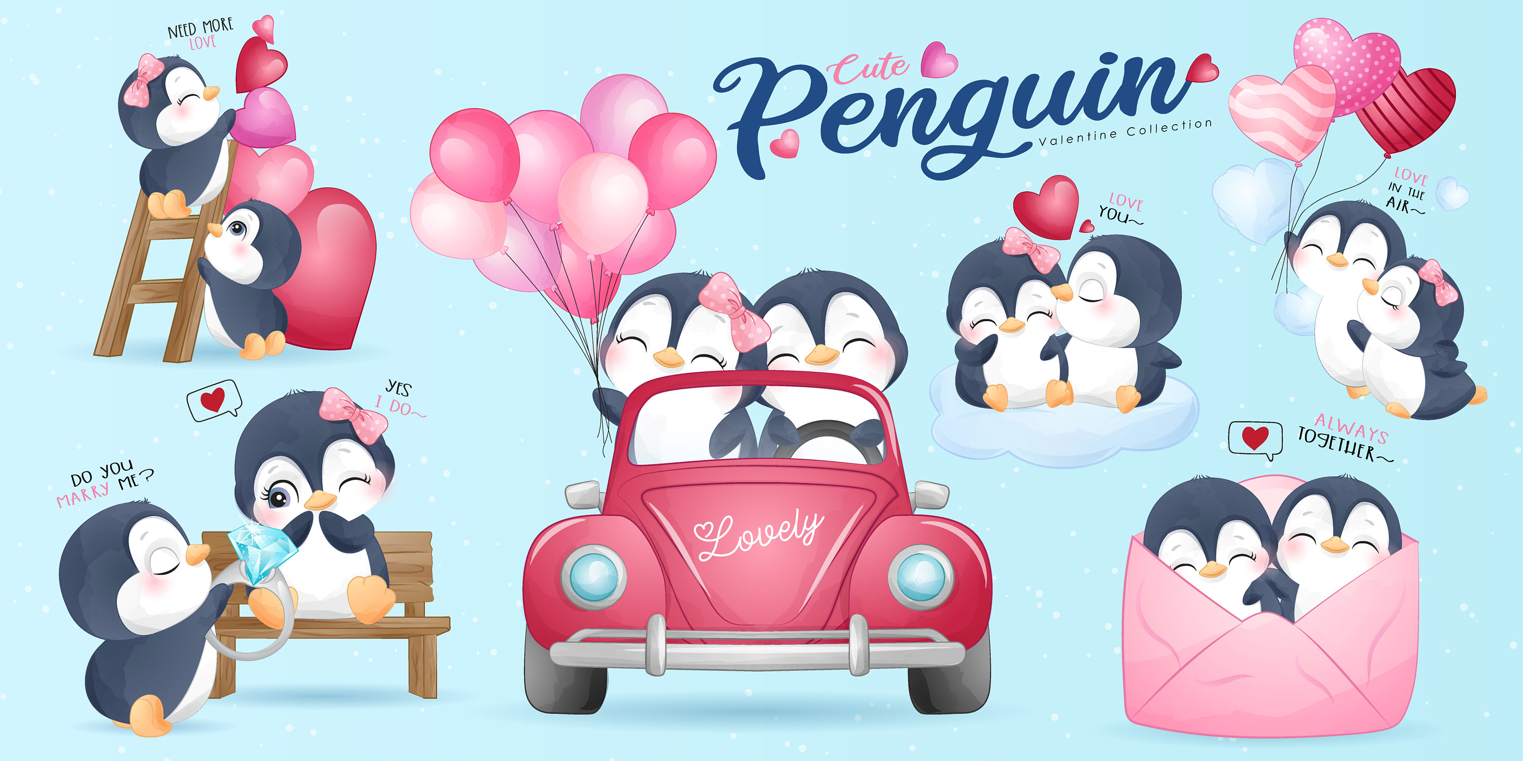 Cute penguin for valentines day clipart set. | Etsy
