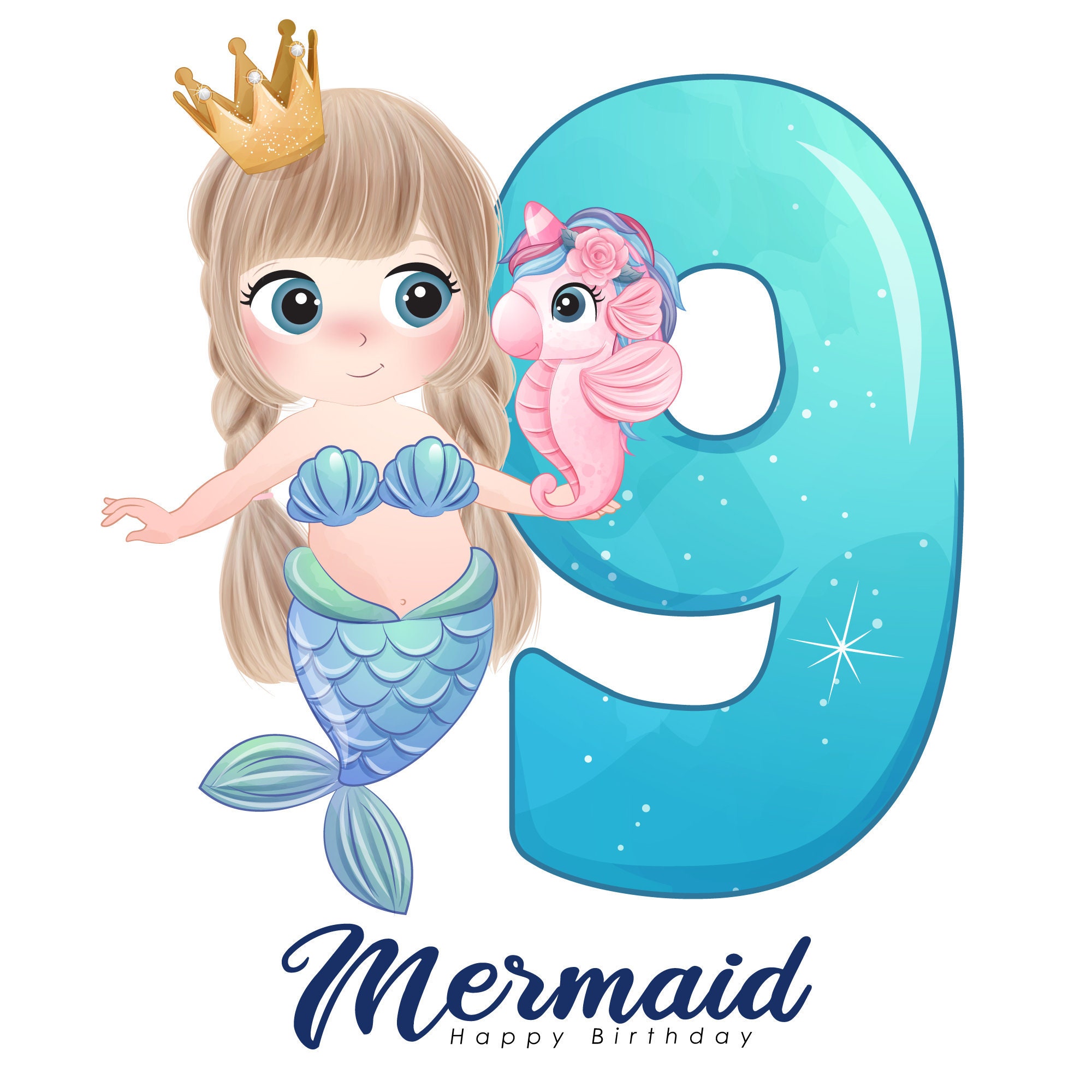 Paper, Party & Kids Papercraft Cute mermaid with number 9 digital ...