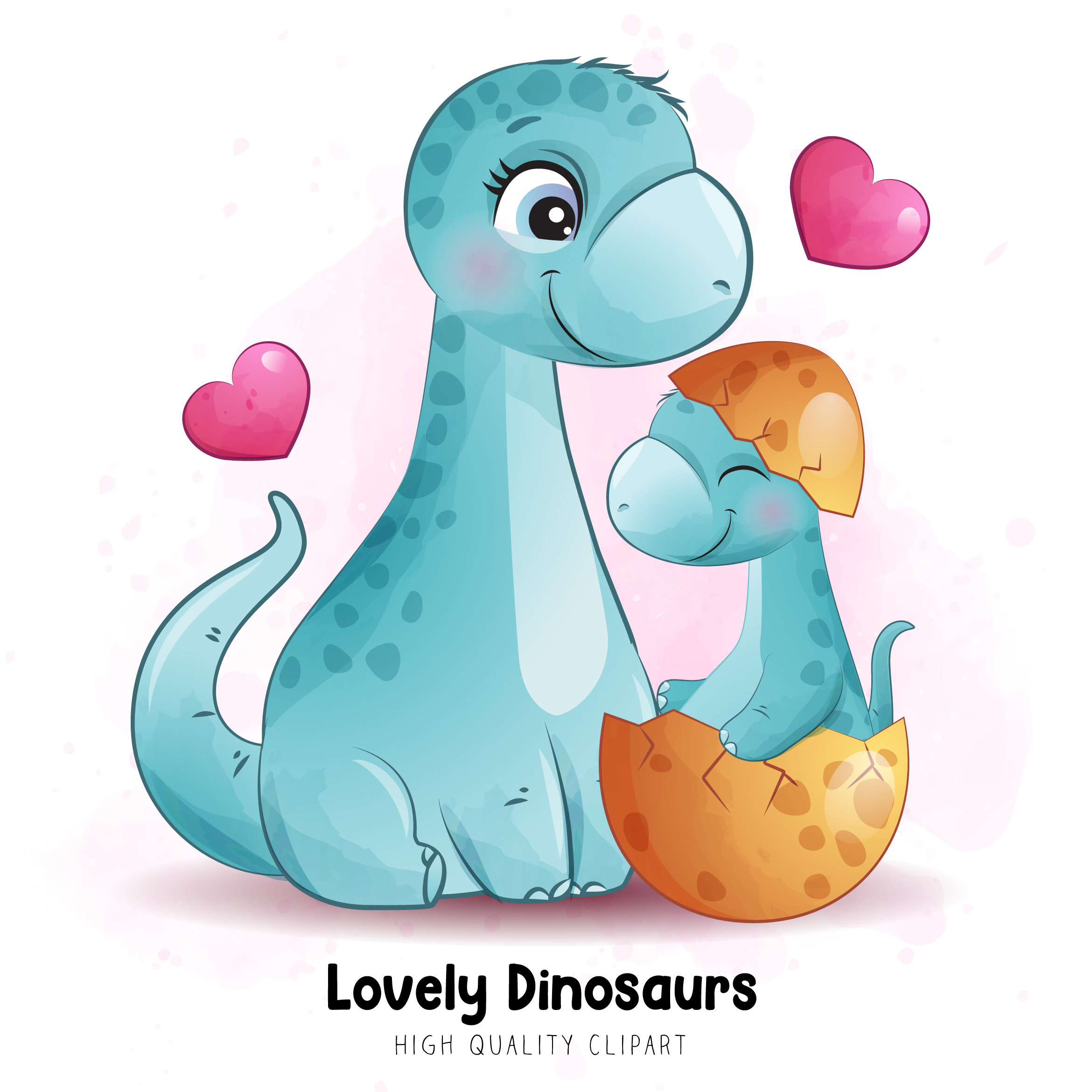 Doodle Dinosaurs Mother and Baby Digital Clipart With Watercolor ...