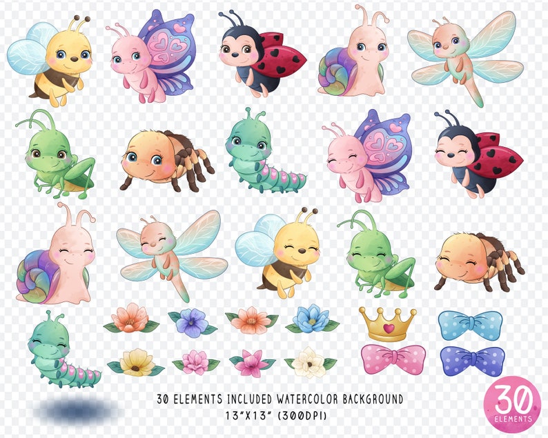 Adorable Lovely Bugs With Floral Digital Clipart Watercolor ...