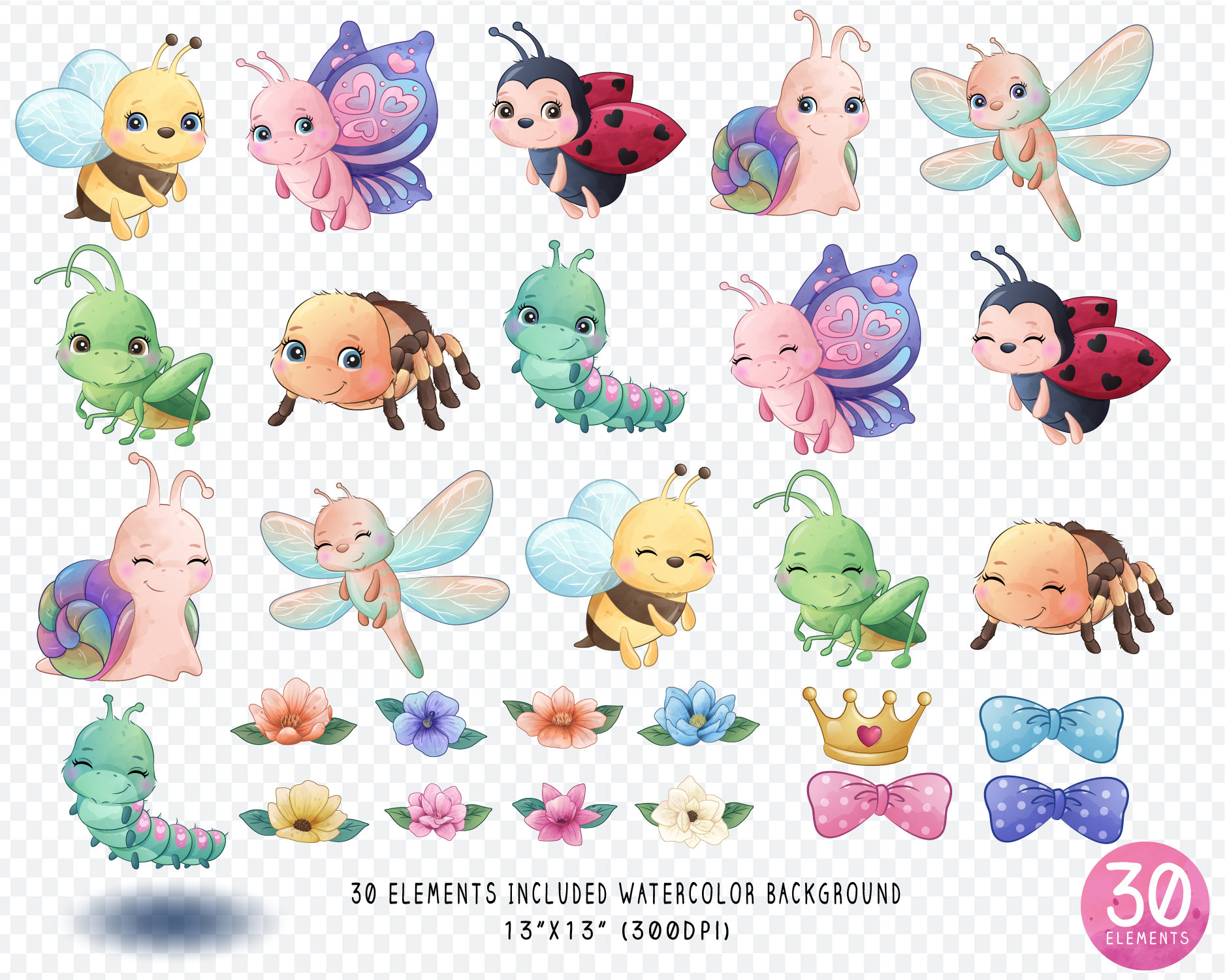 Adorable Lovely Bugs With Floral Digital Clipart Watercolor ...