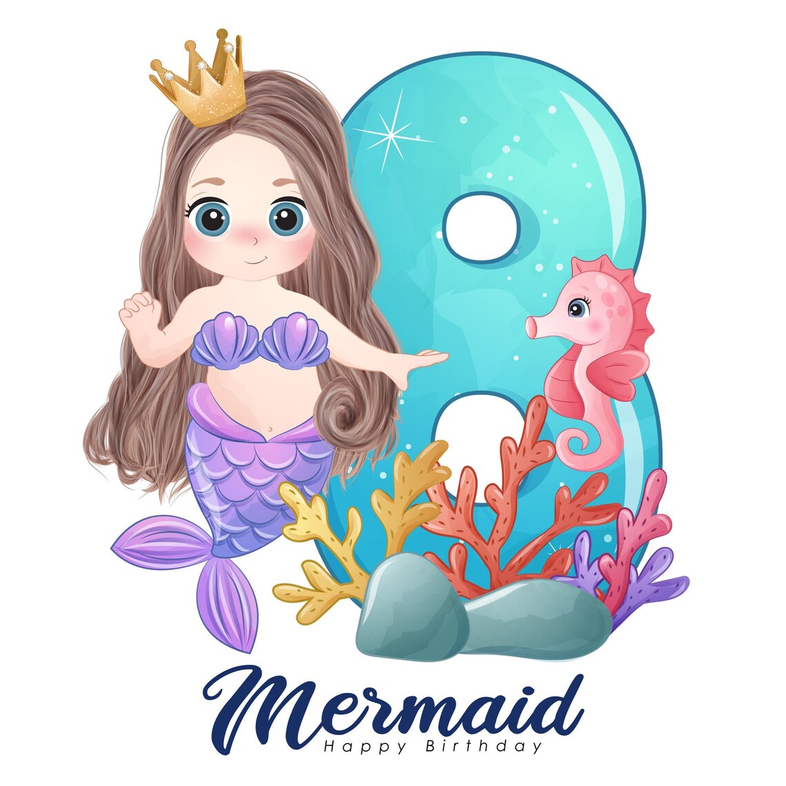 Cute Mermaid With Number 8 Digital Clipart | Etsy