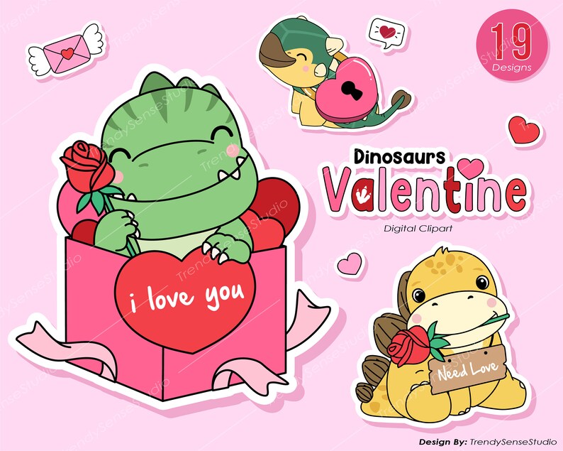 Doodle Dinosaurs Valentine Collection Digital Clipart Bundle, Sticker ...