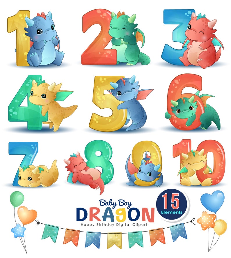 Doodle Dragon With Numbering for Birthday Party Decoration Digital ...